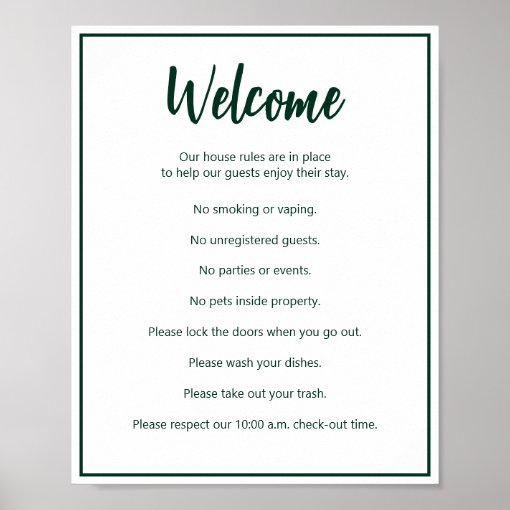 Vacation House Rules Dark Green and White Template Poster | Zazzle