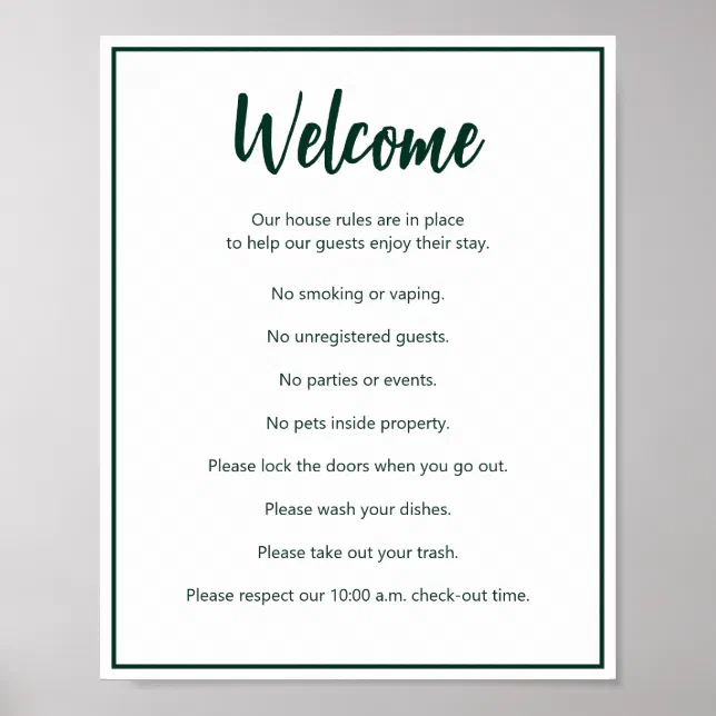 Vacation House Rules Dark Green and White Template Poster | Zazzle