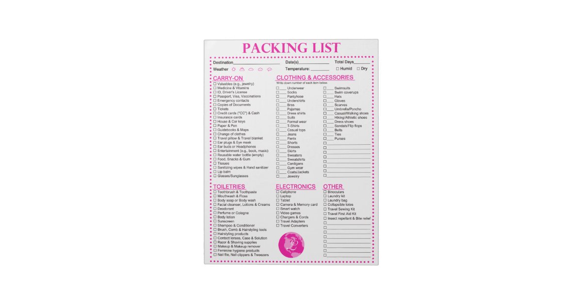 Vacation Packing List, Personalized Globe Monogram Notepad | Zazzle