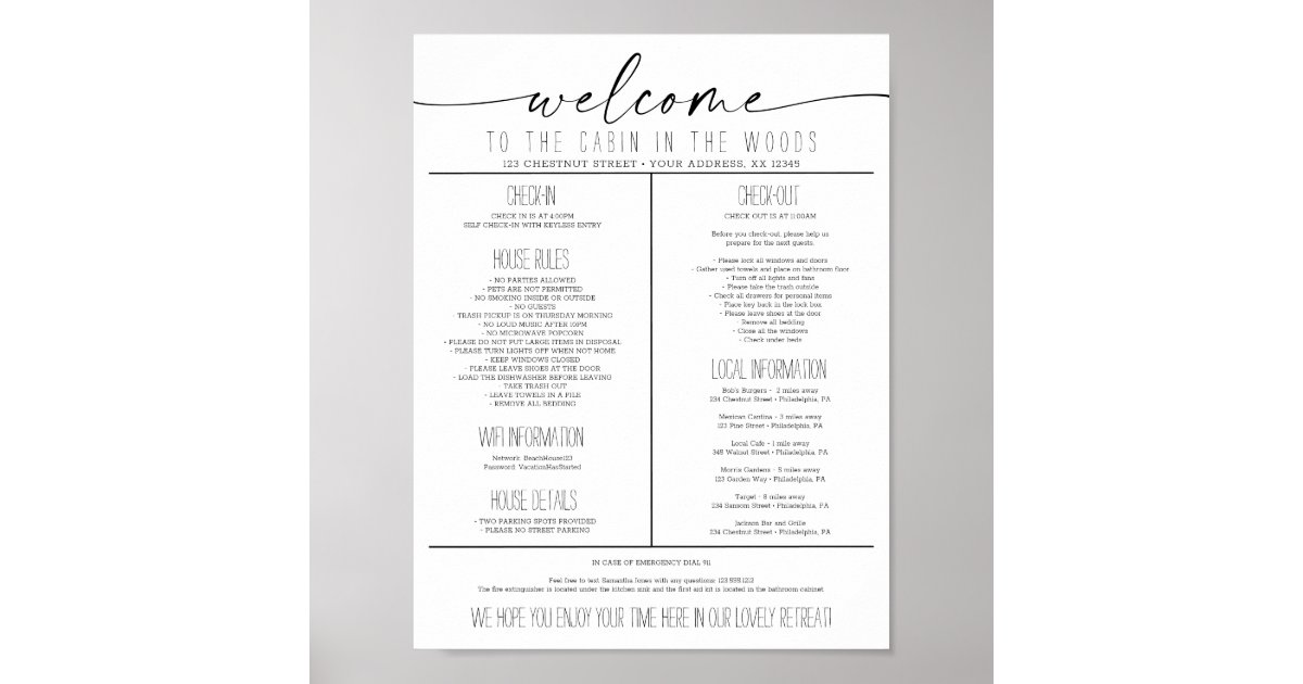 Vacation Rental Welcome Guide House Rules Poster | Zazzle