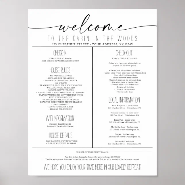 Vacation Rental Welcome Guide House Rules Poster | Zazzle