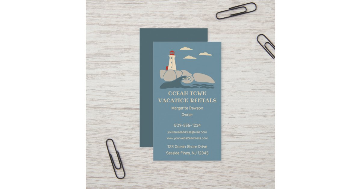 Vacation Rentals Beach Themed Lighthouse Business Card | Zazzle