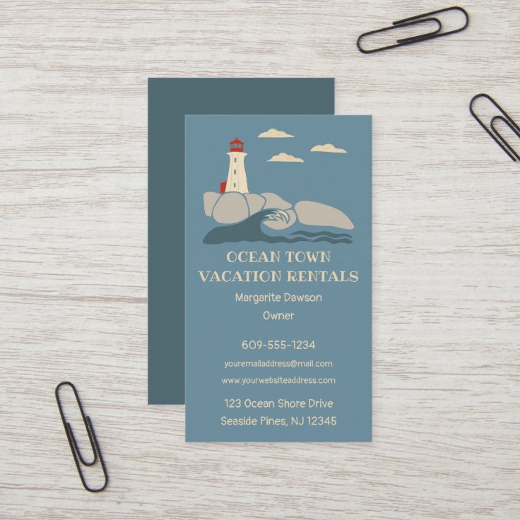 Vacation Rentals Beach Themed Lighthouse Business Card | Zazzle
