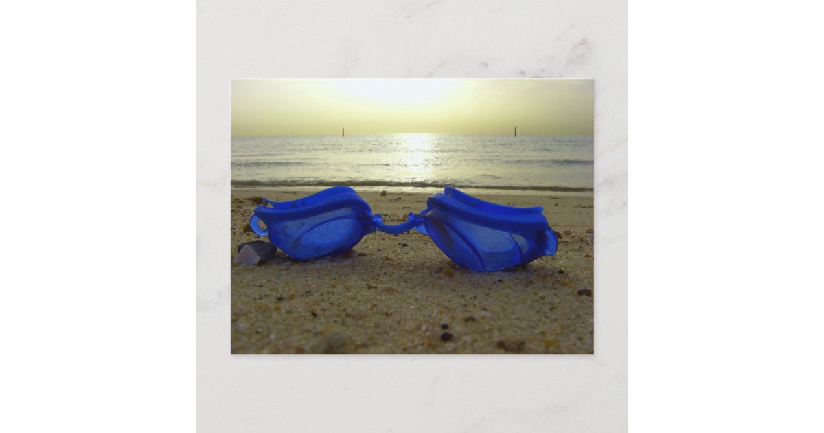 Vacation time, blue goggles at the beach postcard | Zazzle
