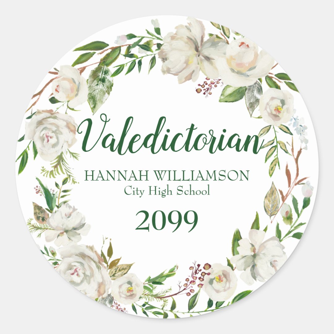 Valedictorian Graduation White Floral Personalized Classic Round ...
