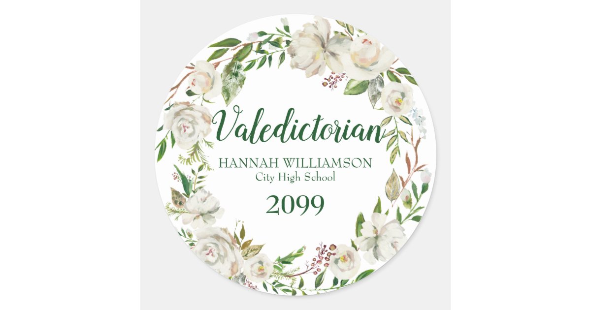 Valedictorian Graduation White Floral Personalized Classic Round ...
