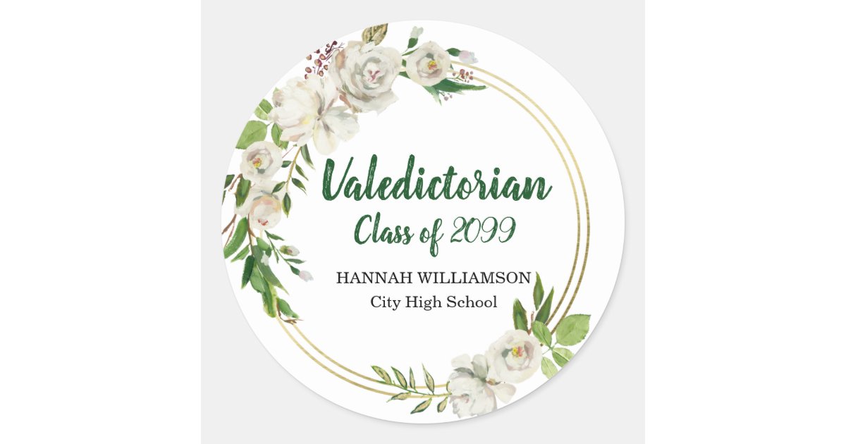 Valedictorian White Floral Personalized Graduation Classic Round ...