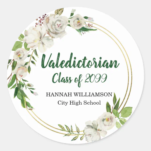 Valedictorian White Floral Personalized Graduation Classic Round ...