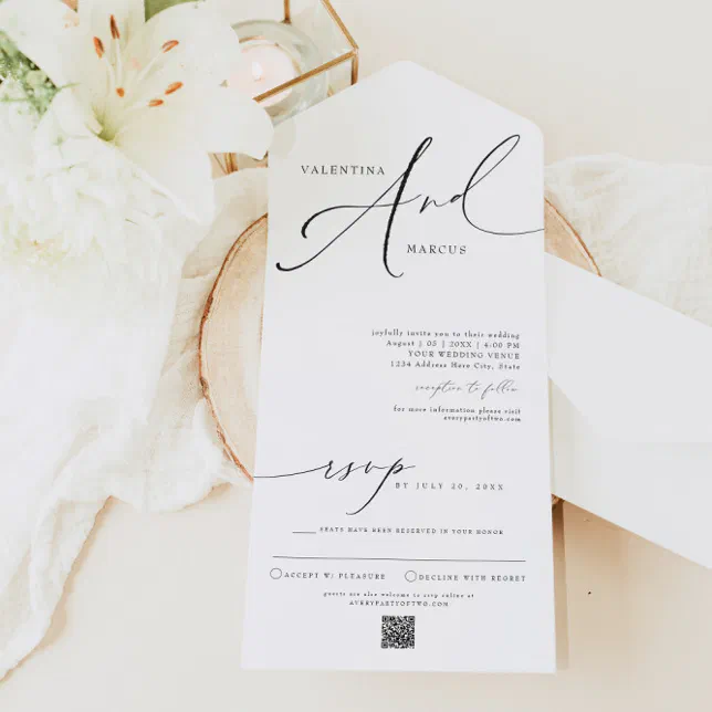 VALENTINA Elegant Minimalist Script Wedding All In One Invitation | Zazzle