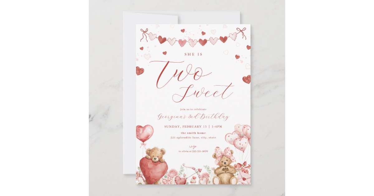 Valentine Bear Two Sweet Second Birthday Invite | Zazzle