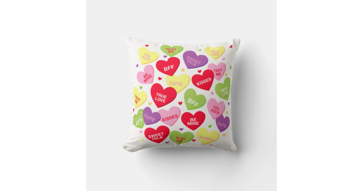 Valentine candy heart messages pillow | Zazzle