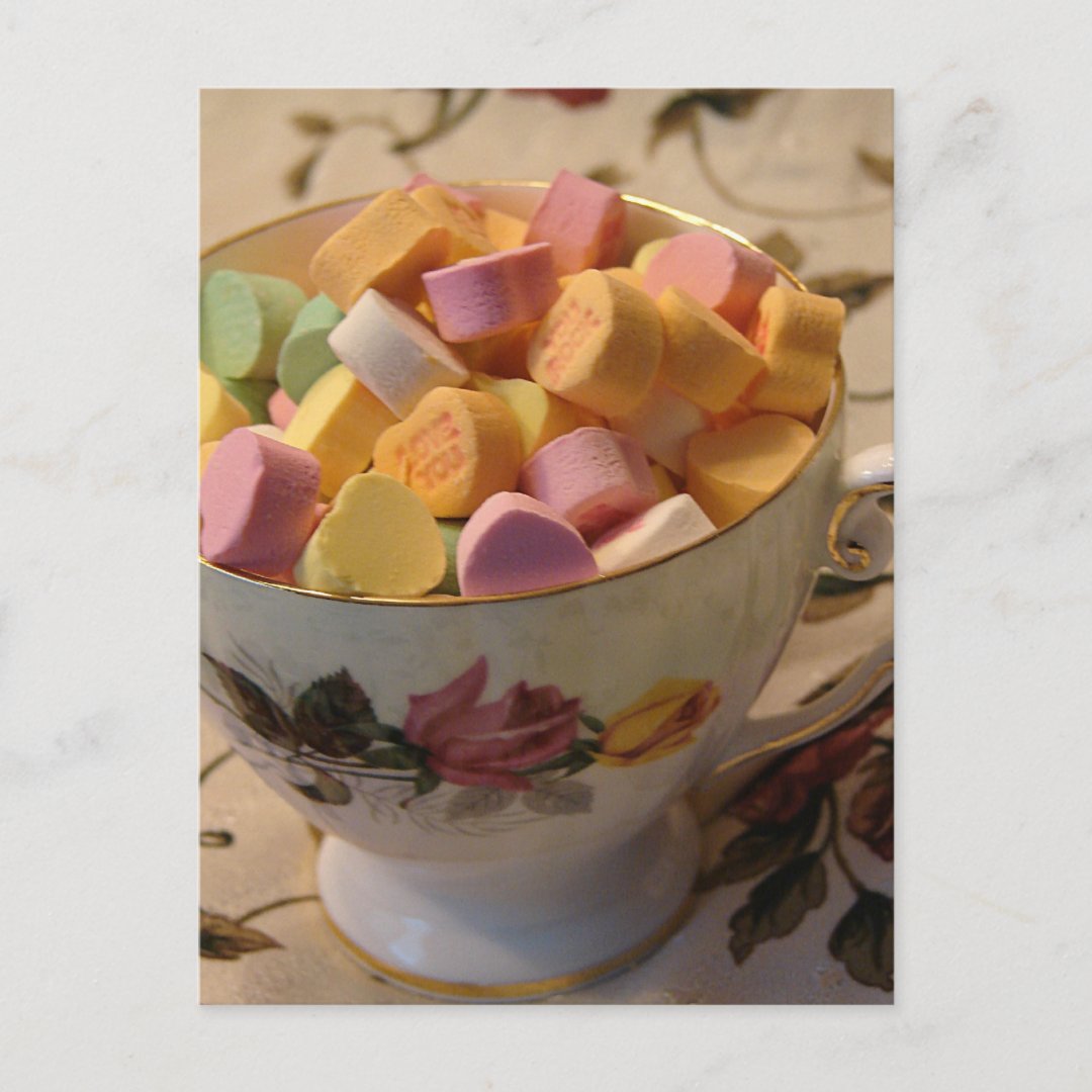 Valentine Candy in Teacup Holiday Postcard | Zazzle