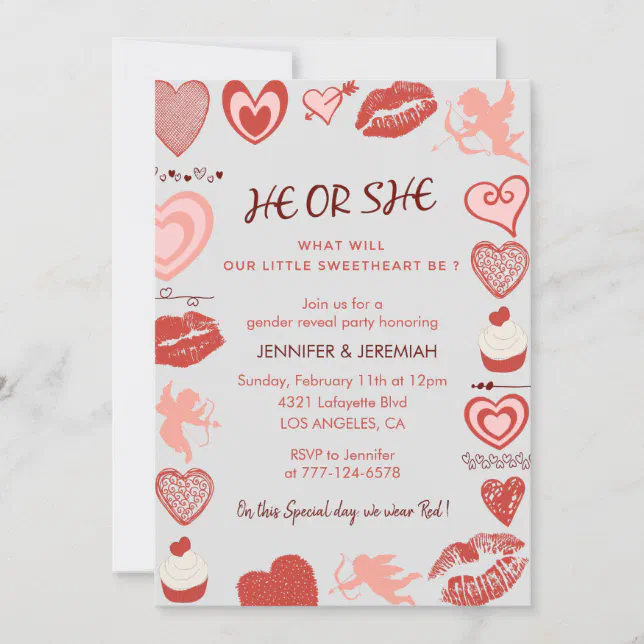 Valentine day gender reveal invitation hearts grey | Zazzle