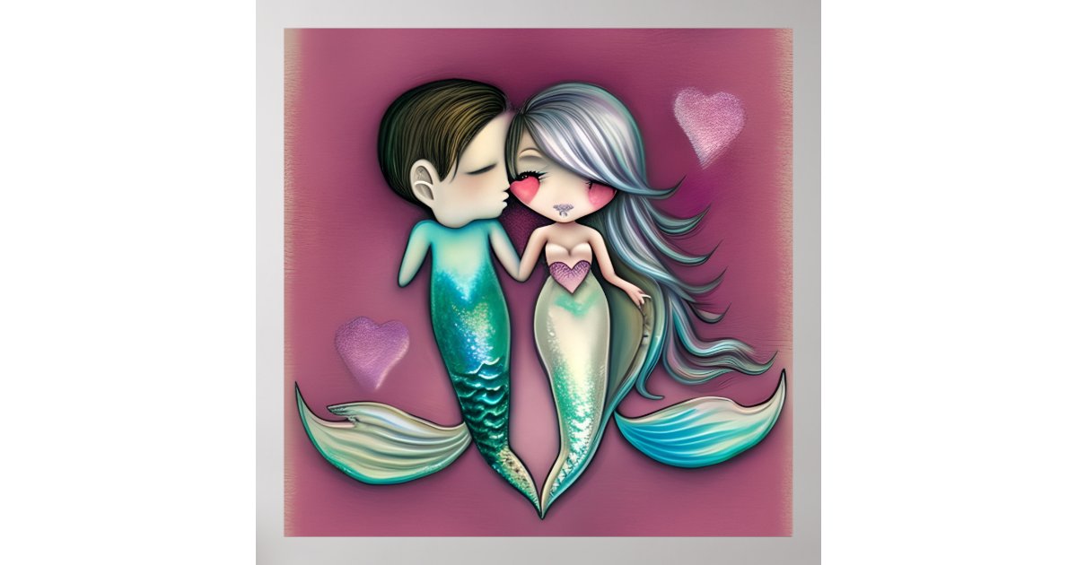 Valentine day gift beautiful mermaids love poster | Zazzle