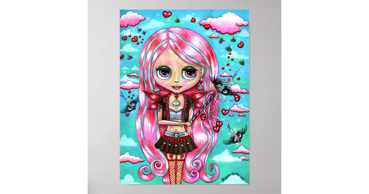 Valentine Fairy Pink Hair Chocolate Kisses Big Eye Poster | Zazzle