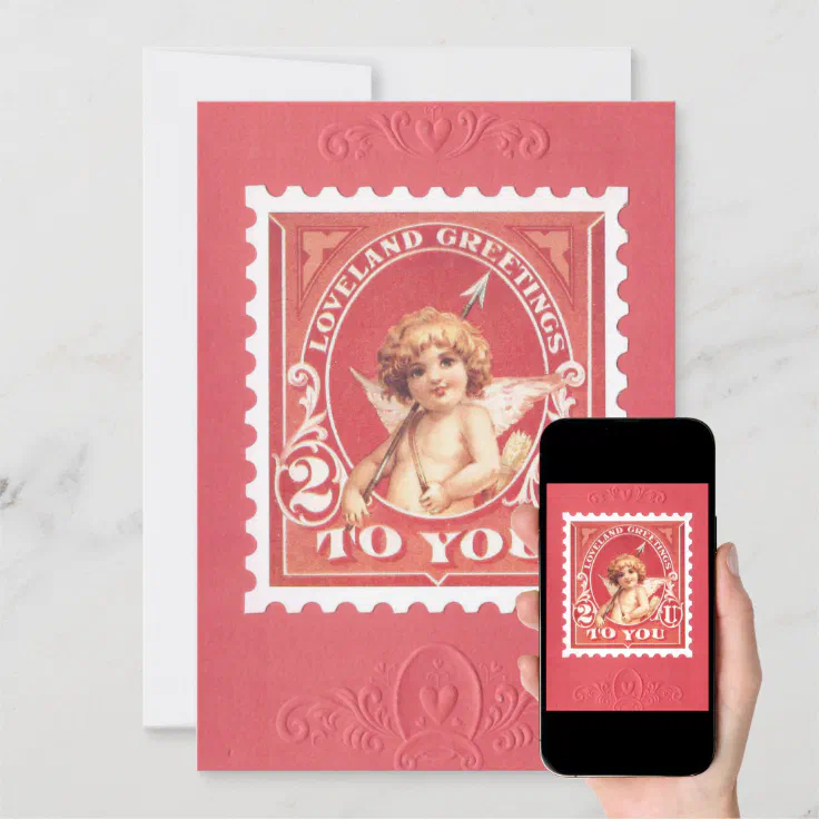 Valentine Greetings Cupid Red Stamp Card | Zazzle