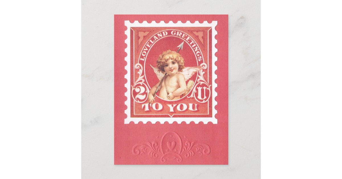 Valentine Greetings Cupid Red Stamp Postcard | Zazzle