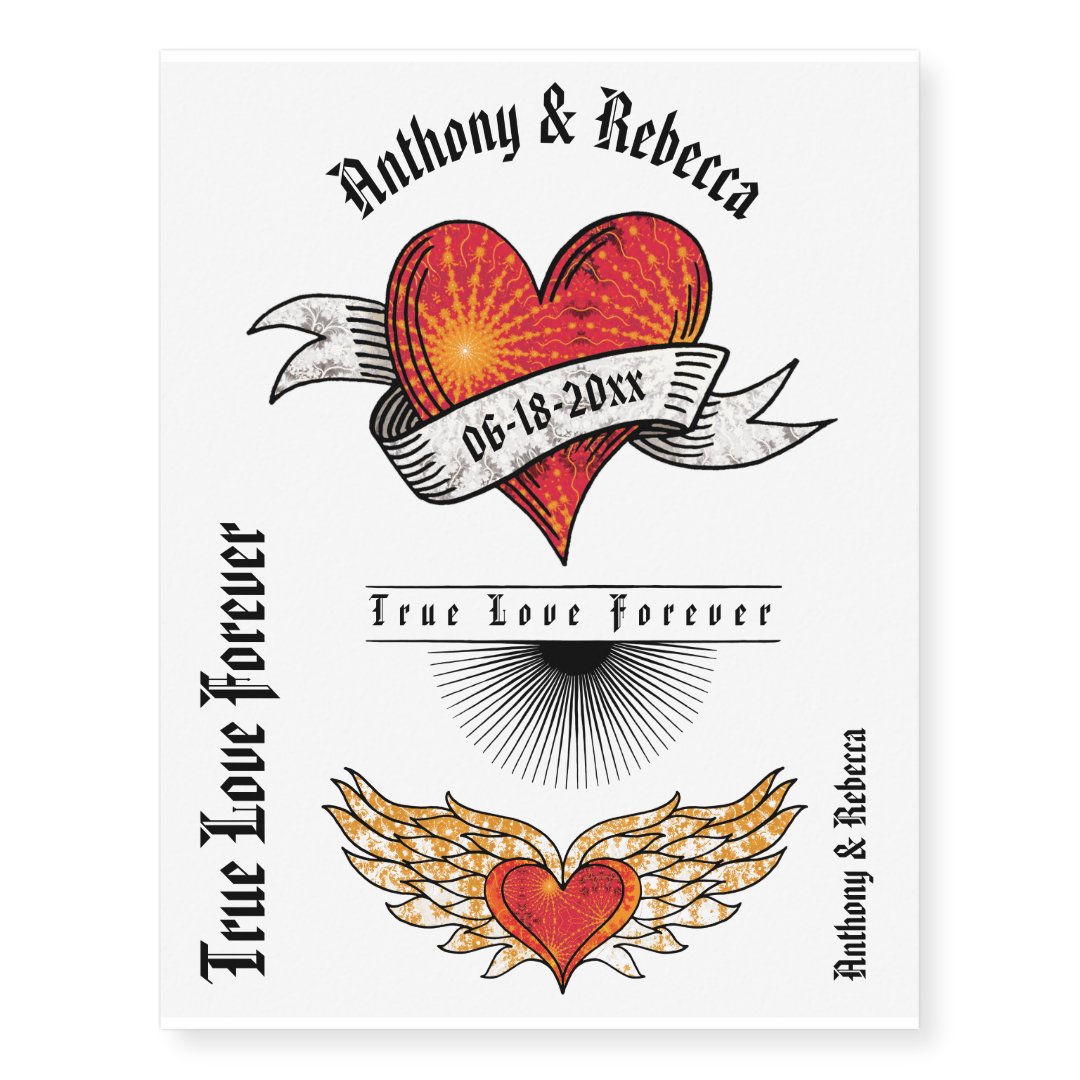 Valentine Heart Wings True Love Forever Monogram Temporary Tattoos | Zazzle
