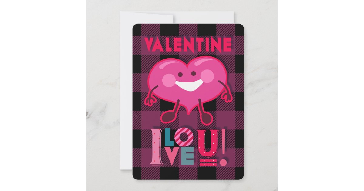 Valentine I Love You! Cute Heart Character, Plaid Holiday Card | Zazzle