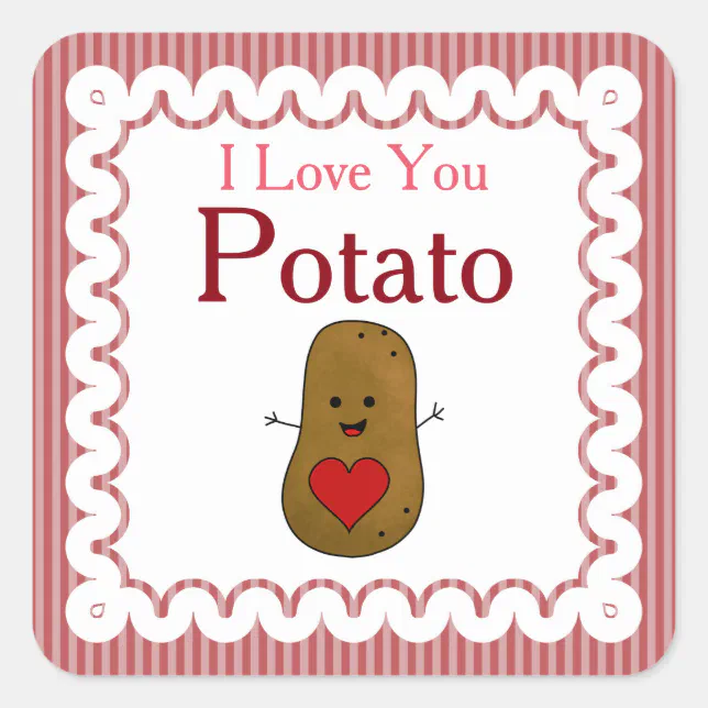 Valentine I Love You Potato, Pink Stripes Square Sticker | Zazzle