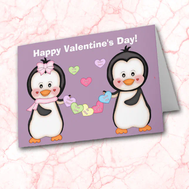 Valentine Penguin and Hearts Holiday Card | Zazzle