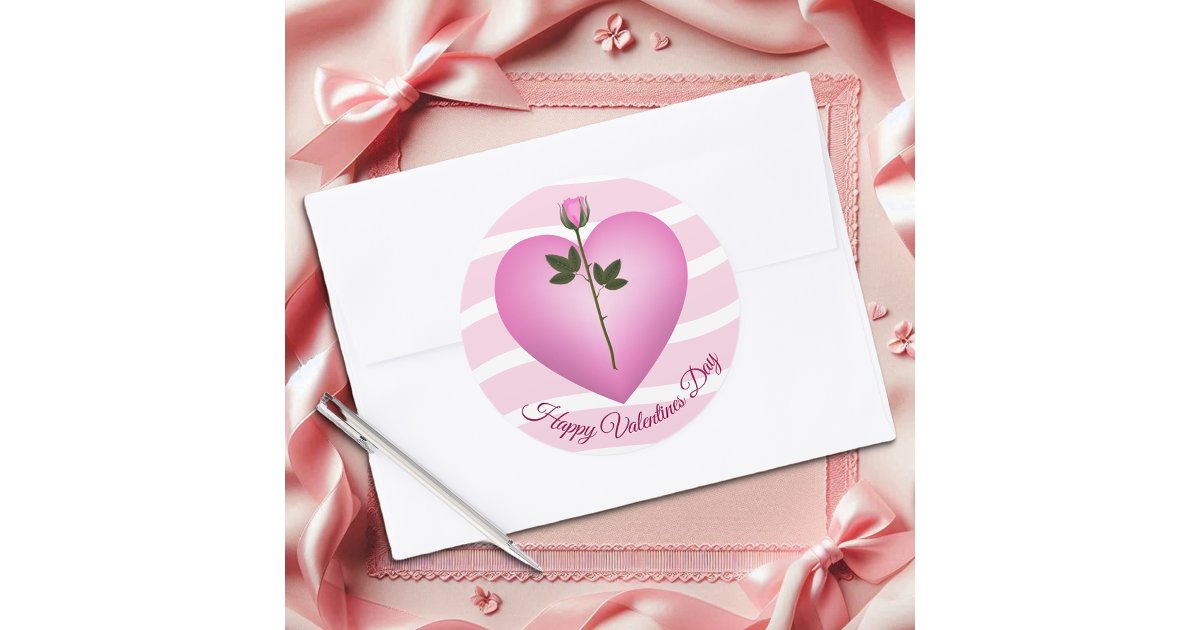 Valentine Pink Heart And Rose Classic Round Sticker | Zazzle