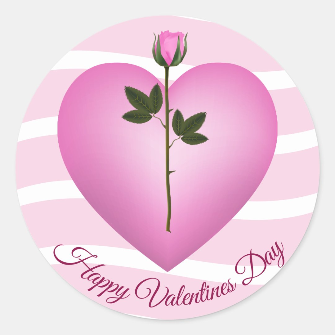Valentine Pink Heart And Rose Classic Round Sticker | Zazzle
