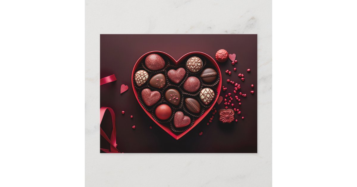 valentine`s day chocolates in a heart shaped box postcard | Zazzle