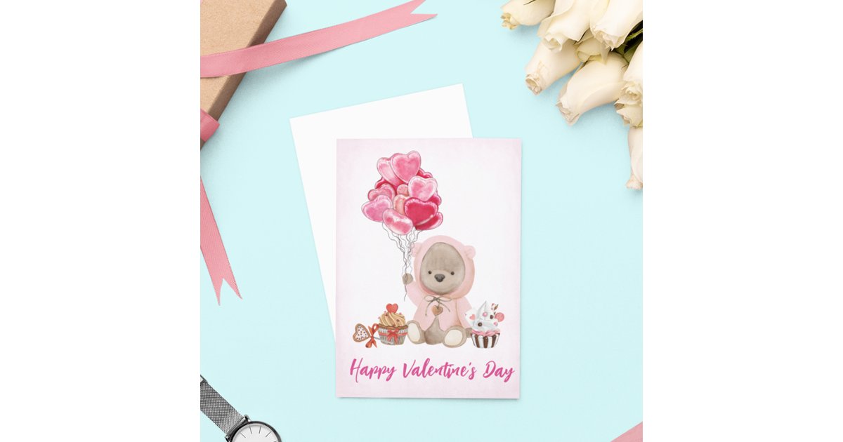 Valentine Teddy Bear with Heart Balloons Card | Zazzle