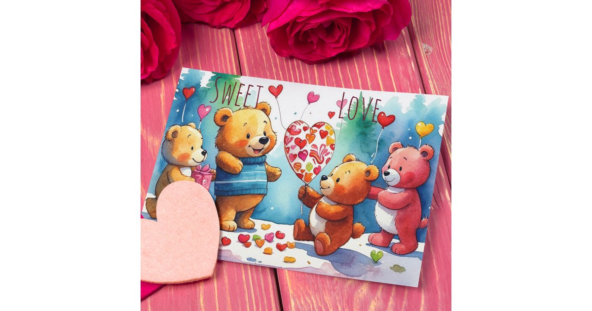 Valentine Teddy Bears Sharing Heart Shaped Candies Holiday Card | Zazzle