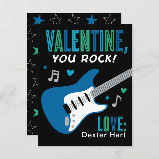 Valentine You Rock Blue Guitar Kids Valentines Day Note Card | Zazzle