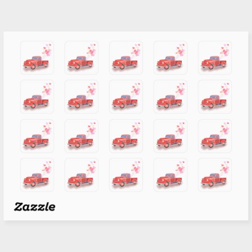Valentine's Classic Red Truck with Heart Balloons| Square Sticker | Zazzle