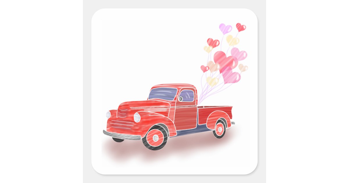 Valentine's Classic Red Truck with Heart Balloons| Square Sticker | Zazzle