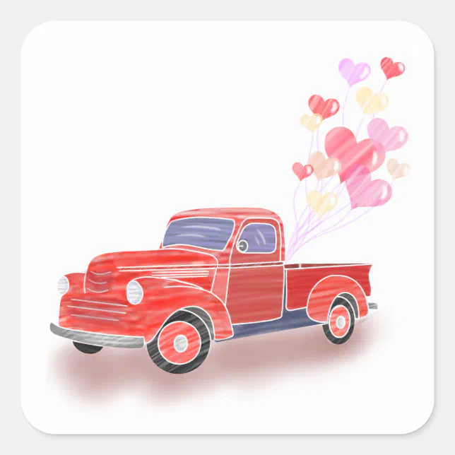 Valentine's Classic Red Truck with Heart Balloons| Square Sticker | Zazzle