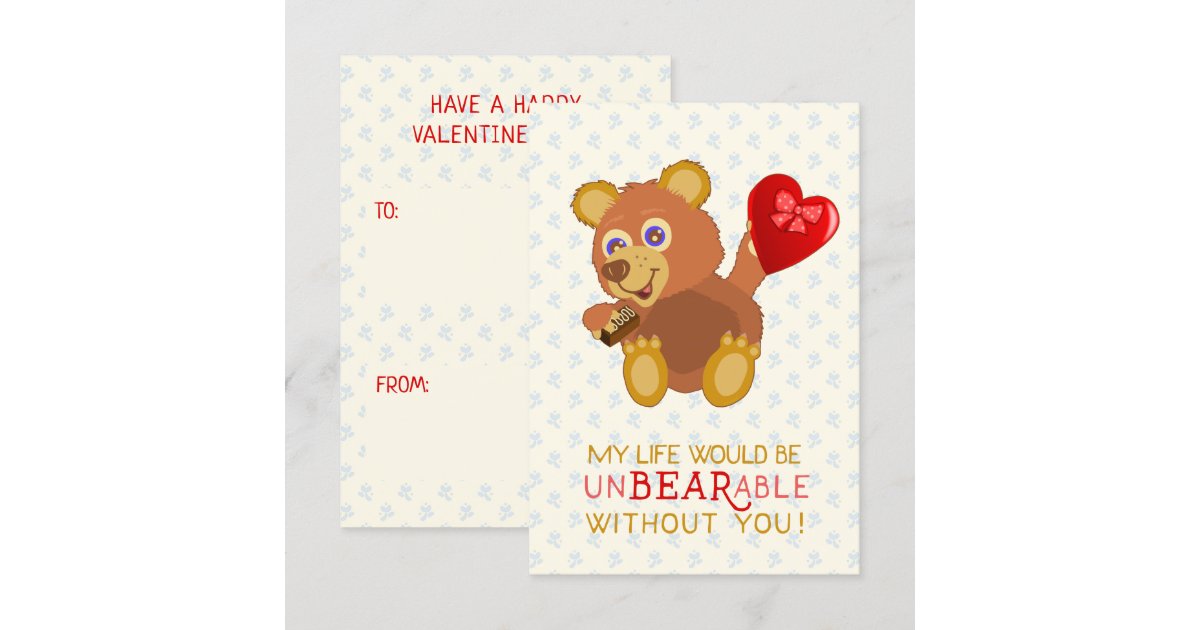 Valentine's Day Bear Funny Kids School Classroom Card | Zazzle