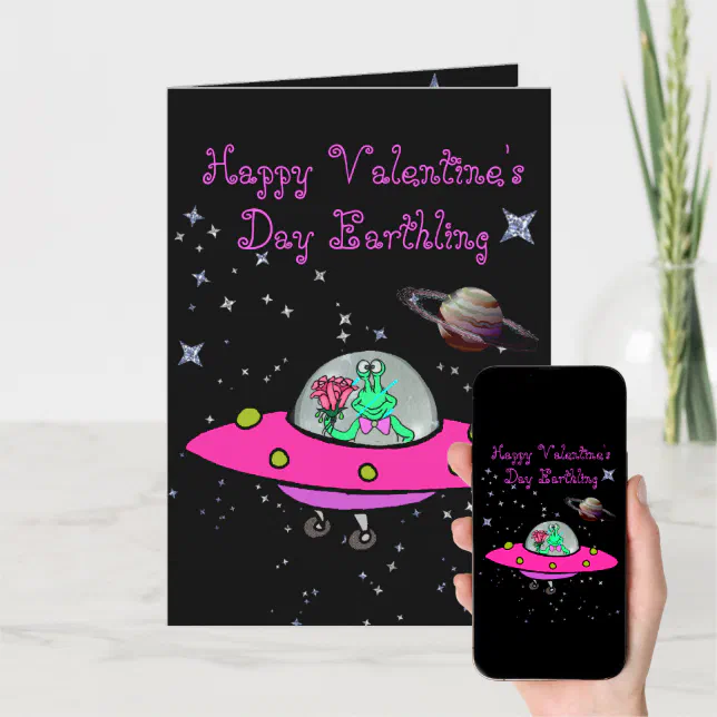 Valentine's Day Card w/Alien in a Spaceship | Zazzle