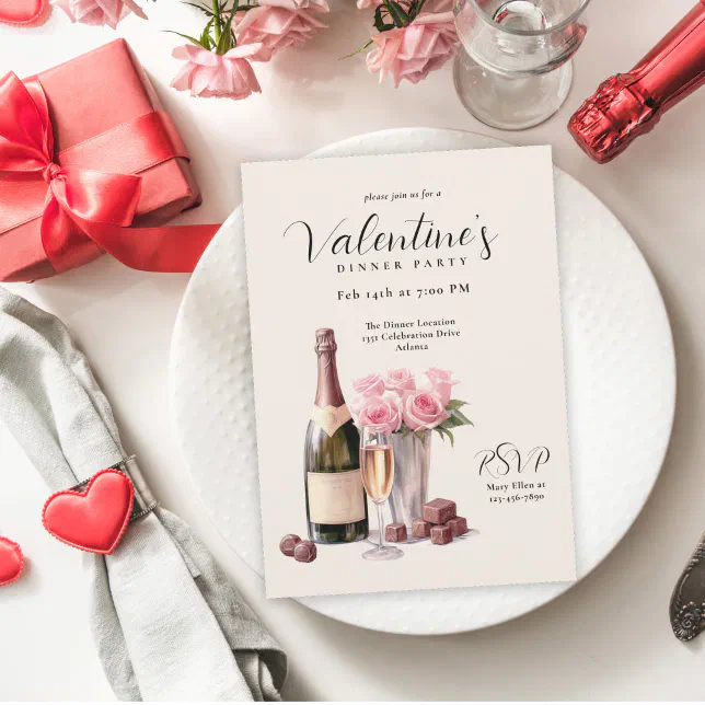 Valentine's Day Champagne Dinner Party Invitation | Zazzle