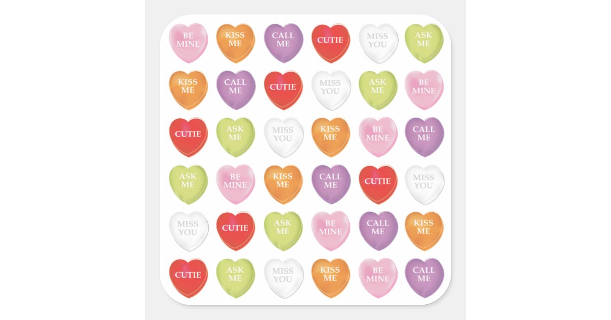 Valentine's Day Conversation Hearts Sweet Cute Square Sticker | Zazzle
