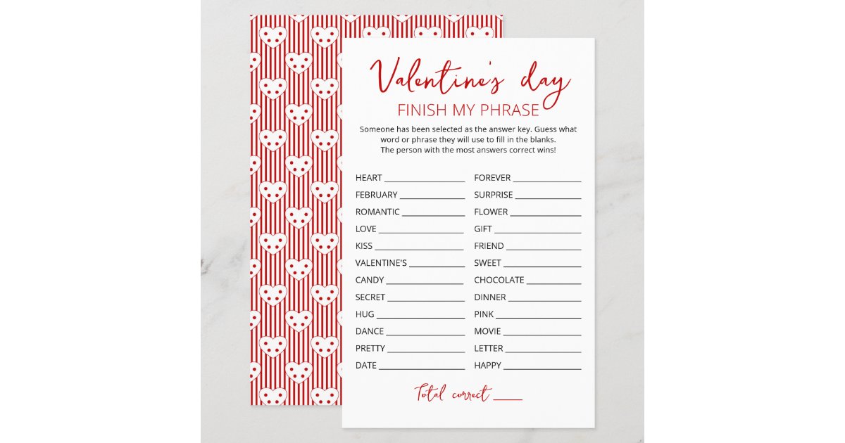 Valentine's day Finish my phrase Editable game | Zazzle
