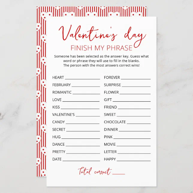 Valentine's day Finish my phrase Editable game | Zazzle