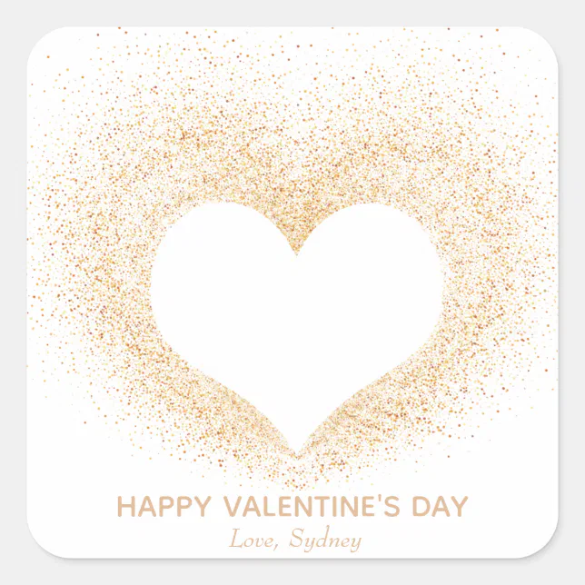 Valentine's day gold glitter heart square sticker | Zazzle