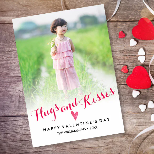 Valentine's Day Hugs Kisses Hearts Family Photo Holiday Card | Zazzle