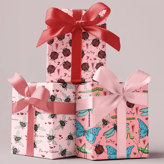Valentines Day Love Bug and Bee Mine Insects Pink Wrapping Paper Sheets ...