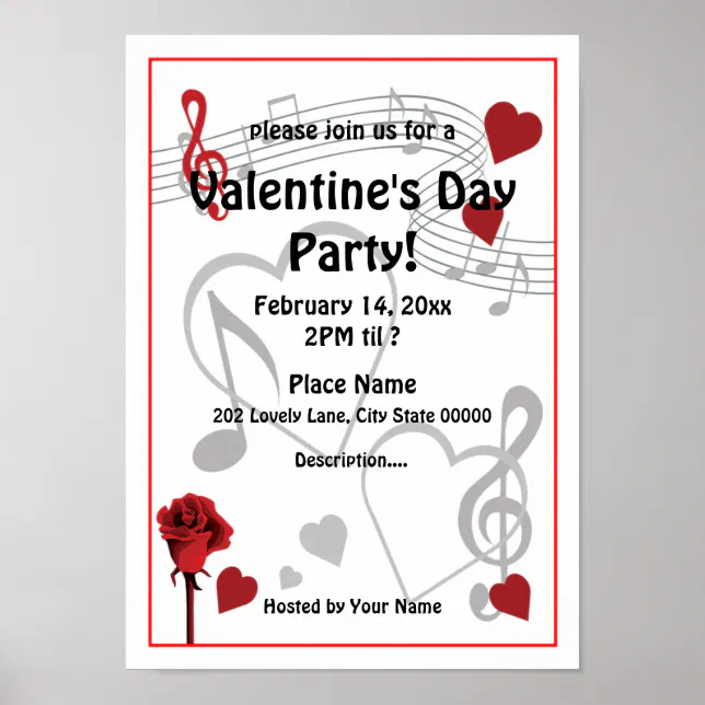 Valentine's Day Music Hearts Party Poster | Zazzle