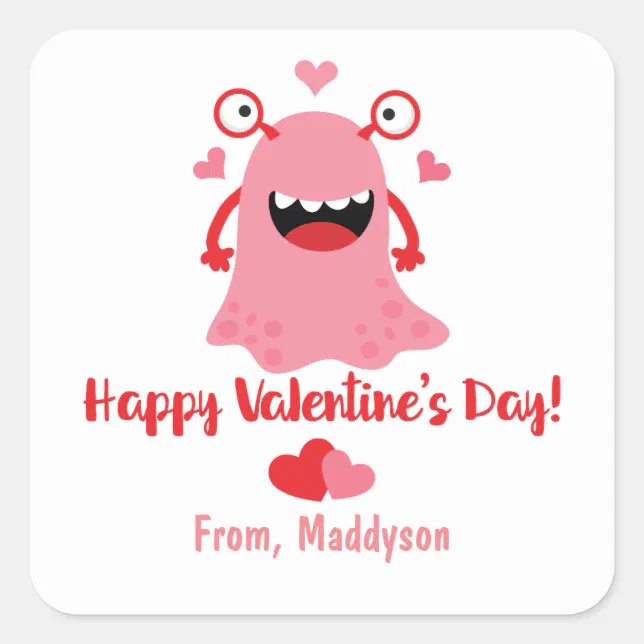 Valentine's Day Pink Cartoon Monster and Hearts Square Sticker | Zazzle