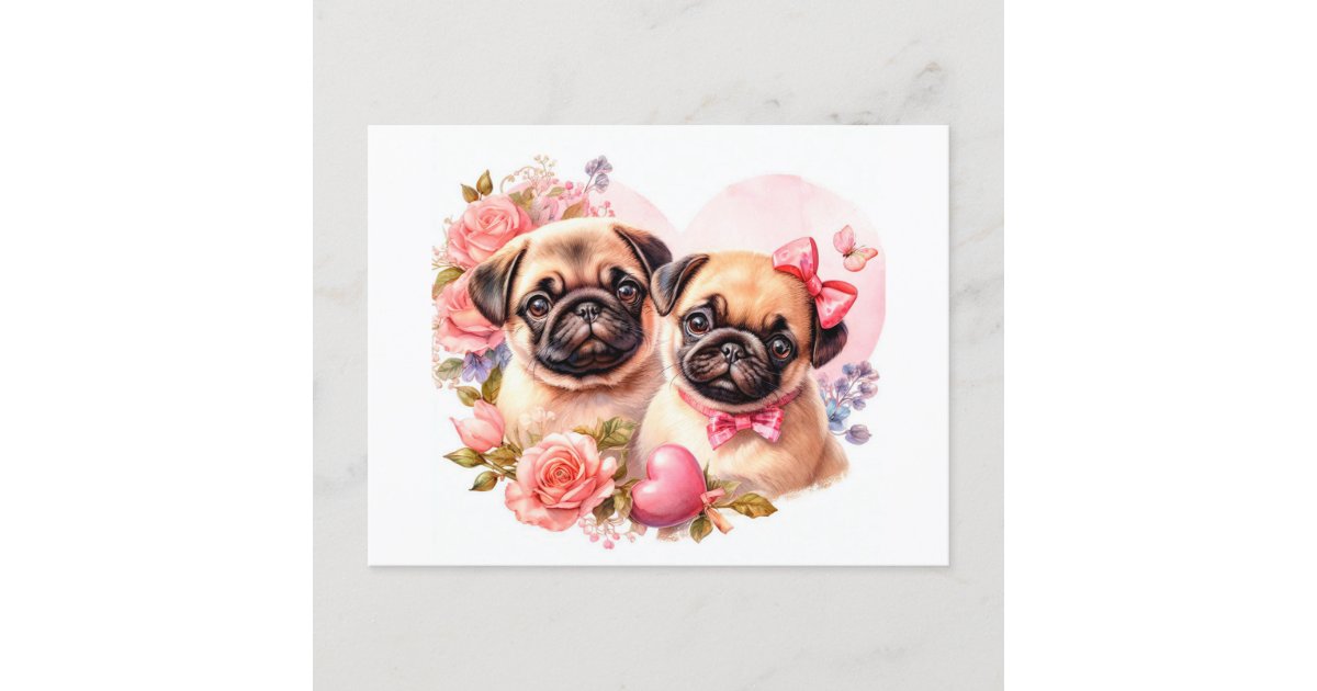 Valentines Day Pugs Postcard | Zazzle