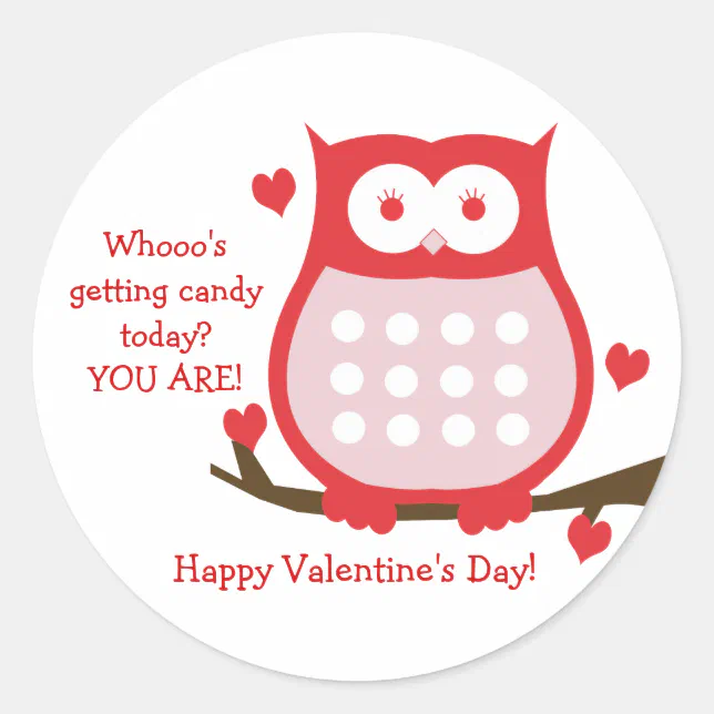 Valentine's Day Red Owl Candy Favor Sticker | Zazzle