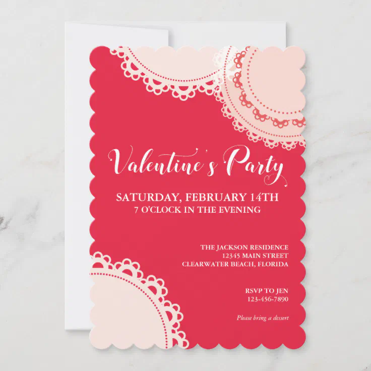 Valentine's Day Red White Doilies Party Invitation | Zazzle