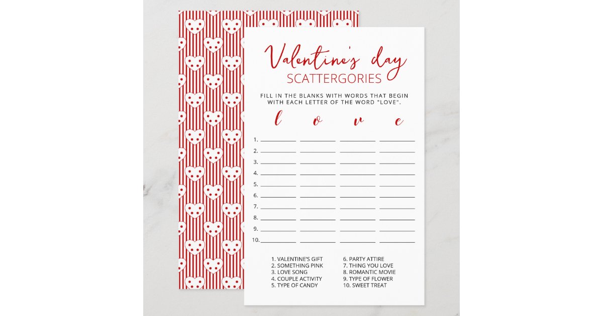 Valentine's day Scattergories editable game | Zazzle