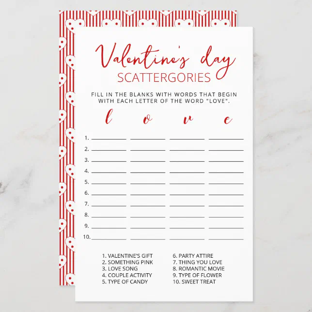 Valentine's day Scattergories editable game | Zazzle